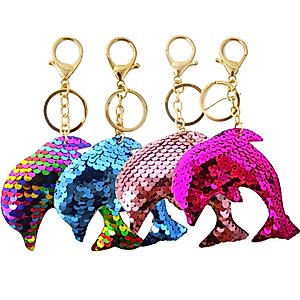 Honbay 4PCS Sparkly Sequins Keychains Ocean Theme Animal Dolphin Shaped Keychains Party Favors Car Keychain Handbag Hanging Ornament Backpack Keychain, for Birthday, Wedding, Christmas, etc