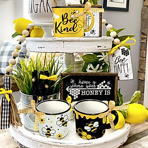Paayna Bumble Bee Themed Spring Summer Mini Coffee Mug Set of 3, Bee Kind Honey Beehive Mini Coffee Cups for Tiered Tray Decor, Farmhouse Kitchen Coffee Bar Decorations Inspirational Housewarming Gift