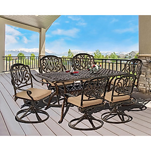 TITIMO 7 Piece Cast Aluminum Patio Dining Set, Outdoor Dining Furniture Patio Table and Chairs Set,6 Floral Pattern Swivel Rocker Chairs with Cushions (Khaki)