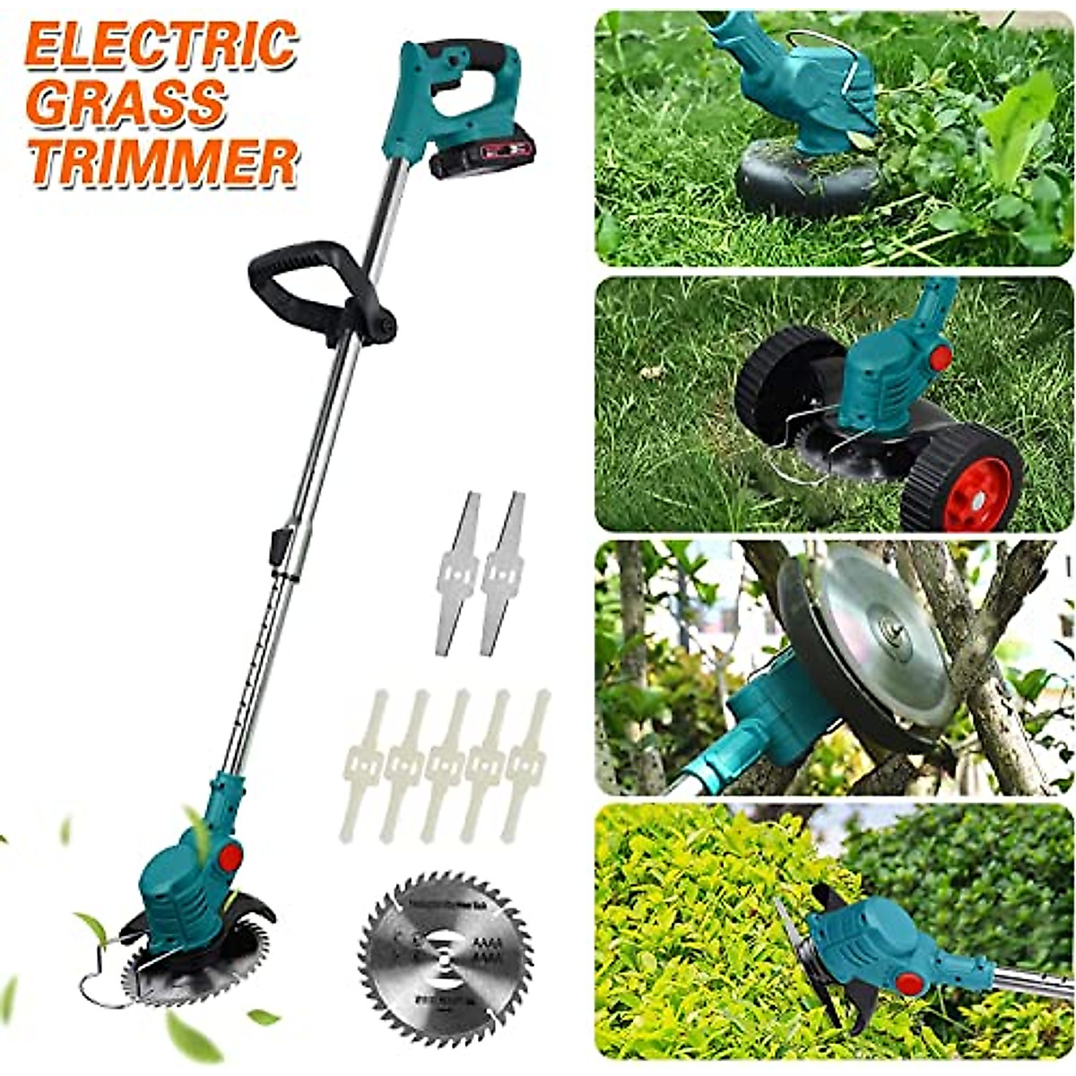 Cordless String Trimmer, 21V Grass Trimmer with Wheels, Edger Lawn Tool,Electric Weed Lawn Eater Edger Grass String Trimmer Cutter Portable with 2 Batteries (Blue)