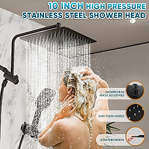Esnbia Rain Shower Heads with Handheld Spray Combo, 10 Inch High Pressure Rainfall Shower Head with 11" Extension Arm, 3 Setting Handheld Shower Head with Suction Cup Shower Holder, Matte Black