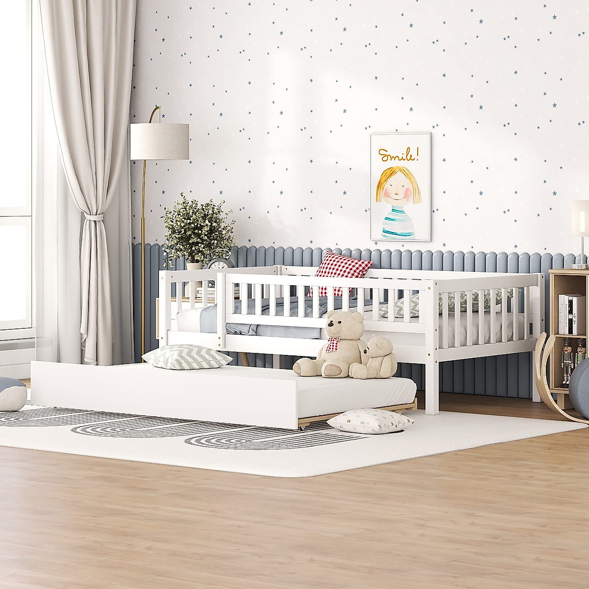 Hlcodca Twin Size Bed Frame with Trundle and Fence Guardrails for Kids Teens Adults, Wood Slat Support, No Box Spring Needed, Easy Assembly (White, Twin)
