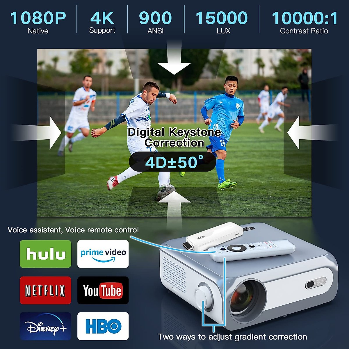 Projector 4K with WiFi and Bluetooth, 5G 1080P Outdoor Movie Projectors, 9500L/700ANSI Portable Smart Mini Projector with 100" Proyector Screen & Tripod, Compatible with iOS/Android/Win/TV Stick