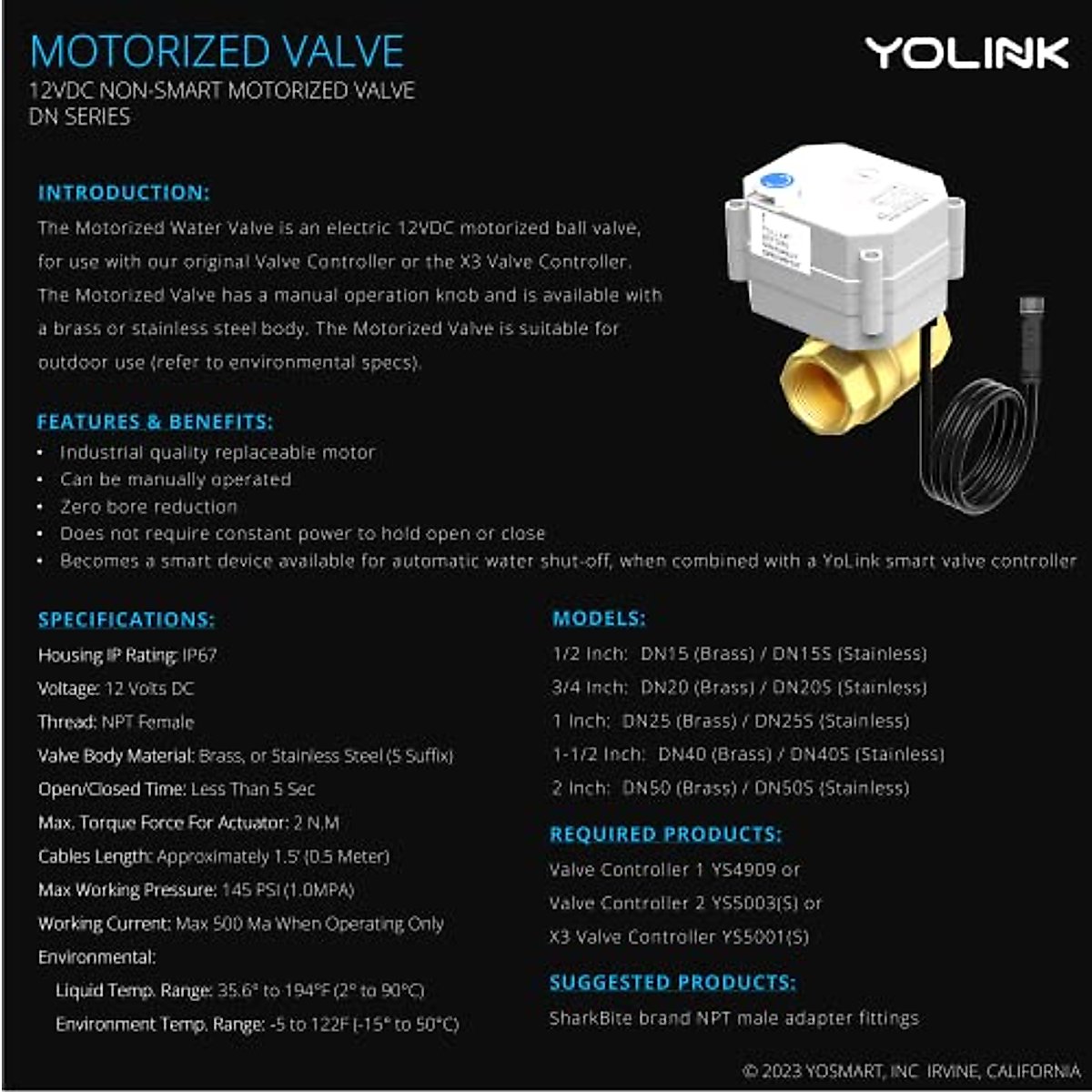 YoLink Wireless Smart Valve Control Kit, 1" Brass Motorized Valve, Wireless Valve Controller, Battery Powered Valve