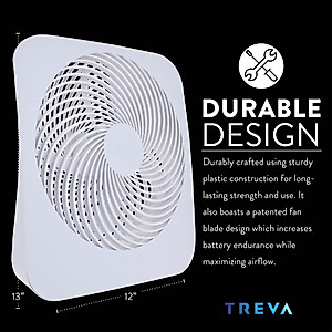 Treva 10-Inch Portable Fan, Powered by Battery and/or AC Adapter - Desk Fan Air Circulating with 2 Cooling Speeds for Personal and Travel Use (White)