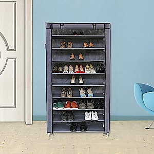Kepooman 10 Tiers Shoe Rack with Dustproof Cover Closet Shelf Shoe Storage Cabinet Organizer,Side Pockets,Gray