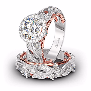 Jeulia 4 Carat Leaf Rings for Women 925 Sterling Silver 18 K Rose Gold Plated Round Cut Engagement Ring Set White Diamond Halo Cubic Zirconia Wedding band CZ Solitaire Anniversary Promise Rings (6.5)