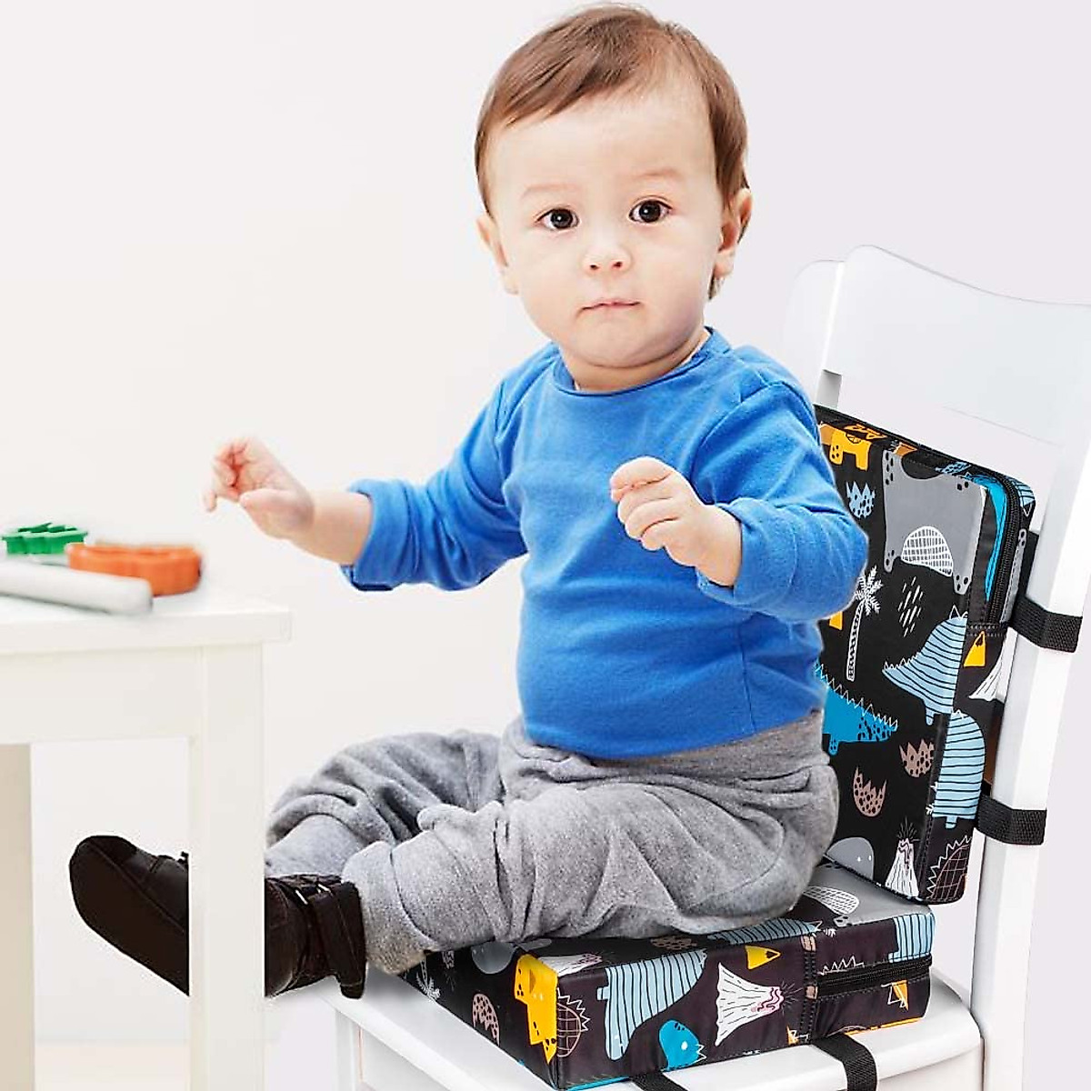 2PCS Booster Seat for Dining Table, Chair Increasing Cushion for Toddler Baby Kids, Portable Dismountable Adjustable Highchair Booster - Dinosaur Black