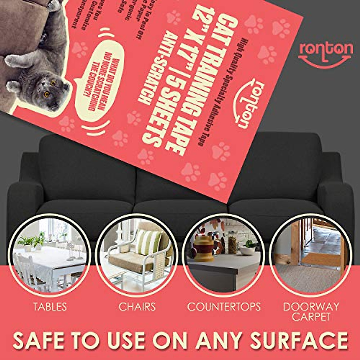 Ronton Cat Scratch Deterrent Tape - Anti Scratch Tape for Cats | 100% Transparent Clear Double Sided Training Tape | Pet & Kid Safe | Furniture, Couch, Door Protector (5 Sheet)