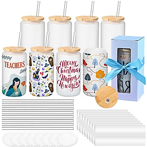 MAFYE Sublimation Glass Blanks With Bamboo Lid, 16OZ Frosted Sublimation Beer Can Glass with Glass Straws Gift Box Mason Jar Cups Mug Travel Tumbler for Beer, Juice, Soda, Iced Coffee, Drinks(8 PACK)