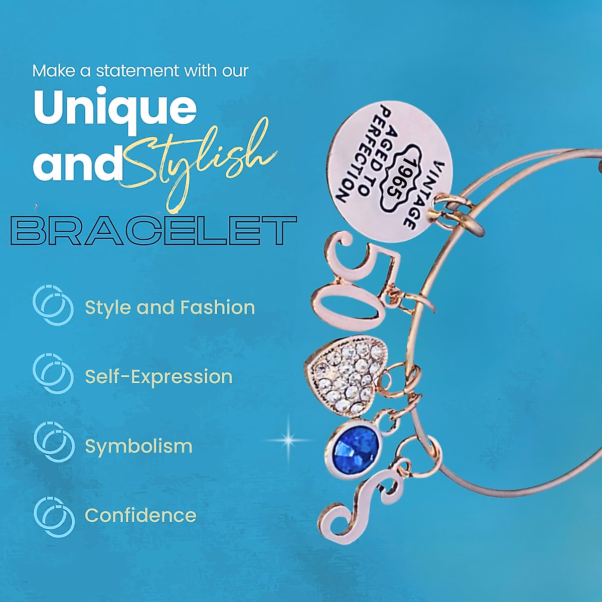 Personalized 60th Birthday Birthstone Charm Bracelet – Vintage 1965 Aged to Perfection Rose Gold Bangle – Elegant Gift for Women