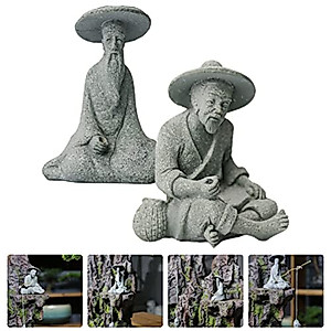 GANAZONO Fishing Accessories Mini Fisherman Statue Sandstone Chinese Oldman Sitting Fishing Garden Statue Fish Tank Ornament Asian Bonsai Pot Decoration 2pcs Plants Decor