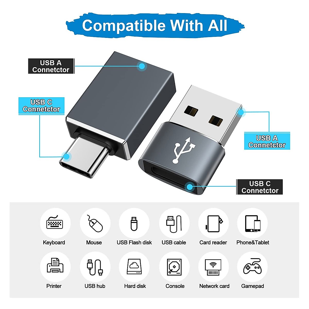 4 PC USB C to USB Adapter/USB-C to USB-A,USB to USB C Adapter/USB A to USB C Connect USB Adapter and Type C or Power Cable Converter for Samsung A13 A53 S23 A14 A11 A12 A21 A51 A71 A32