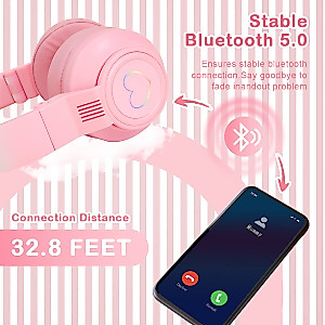 JINSERTA Kids Headphones with Bunny Ear LED Light Up,Noise Cancelling Adjustable Microphone Headset,Wireless Foldable Over-Ear Headphones for Kids Gifts/School/Kids Tablet/Travel (Blue)