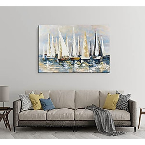 Yuegit Ocean Wall Art Sailboat Canvas Wall Art : Coastal Wall Decor Abstract Wall Art for Living Room Framed Prints for Home Decor Ready for Hang for Bedroom Bathroom Dining Room 24X36 Inch