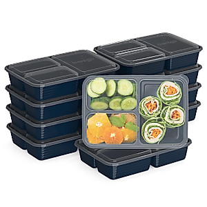 Bentgo Prep 3-Compartment Meal-Prep Containers with Custom-Fit Lids - Microwaveable, Durable, Reusable, BPA-Free, Freezer and Dishwasher Safe Food Storage Containers - 10 Trays & 10 Lids (Navy Blue)