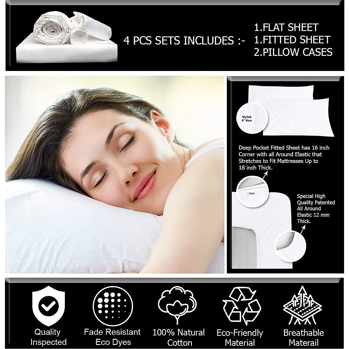 Queen Size Sheet Set - 1000 Thread Count 100% Egyptian Cotton 4 Piece Ivory Sheet Set - Deep Pockets Fits Upto 19 Inch - Sateen Weave Luxury Hotel Quality Solid Bed Sheets & Pillowcases - Easy Fit