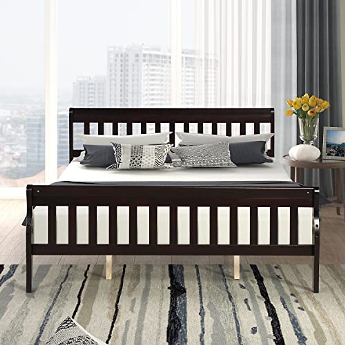 Prohon Queen Platform Bed with Vertical Openwork Design Headboard & Footboard, Large Underbed Storage Space, Simple Style Wooden Bedframe for Kids Teen Adults, No Box Spring Needed, Espresso