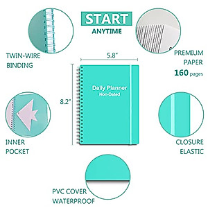 Undated Daily Planner,Undated Planner with Hourly Schedules, 150 Days To Do List Planner, A5 Daily Organizer Notebook to Increase Productivity, 5.8 × 8.2 Inch,Turquoise