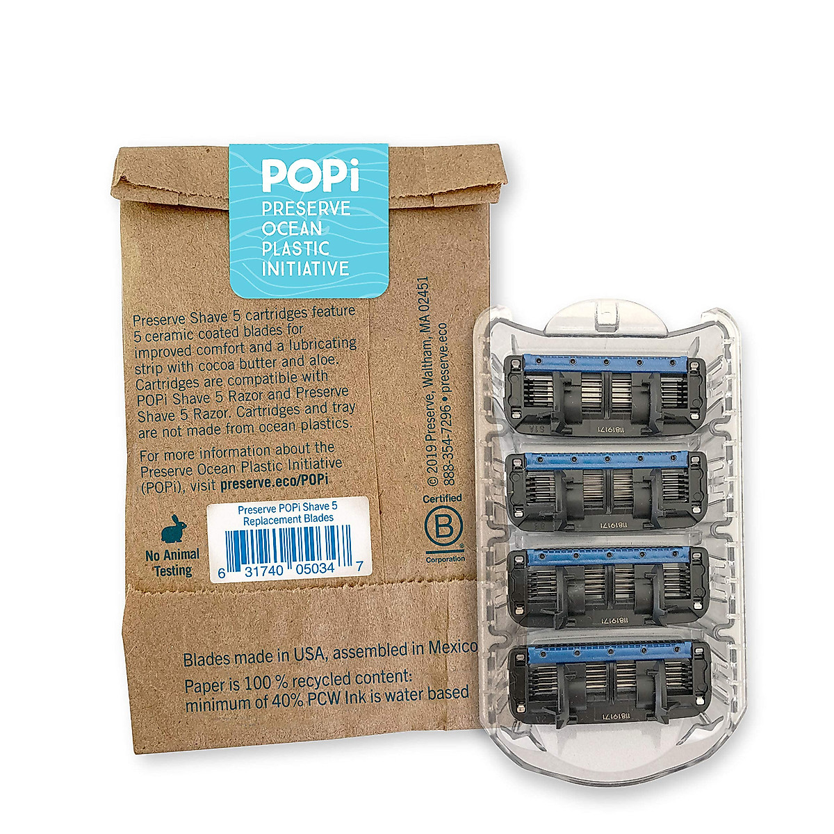 Preserve POPi Shave 5 Razor System Made with recycled Ocean Plastic, Charcoal Grey and Preserve POPi Shave 5 Replacement Cartridges for Preserve POPi Shave 5 Razor (4 Count) Bundle