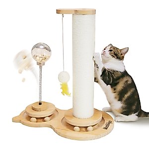 MASHOOPS Cats Scratching Post Cat Scratcher with Treat Dispenser Toy, 4-in-1 Scratching Posts for Indoor Cats with Wooden Ball Track, Interactive Cat Toys