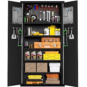INTERGREAT 6-Tier Metal Garage Cabinet with Locking Door,Tall Muti-Functional Lockable Storage Cabinet with Lock and Pegboard,Black Steel Tool Cabinets with 5 Adjustable Shelves