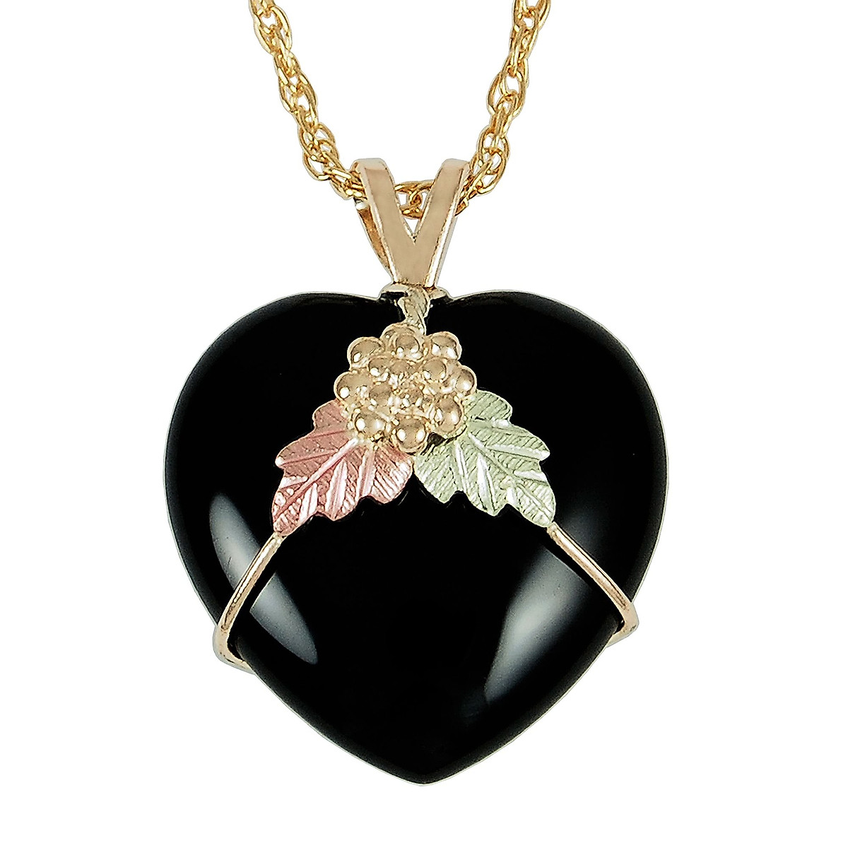 Natural Heart Onyx Pendant with 12k Black Hills Gold Leaves