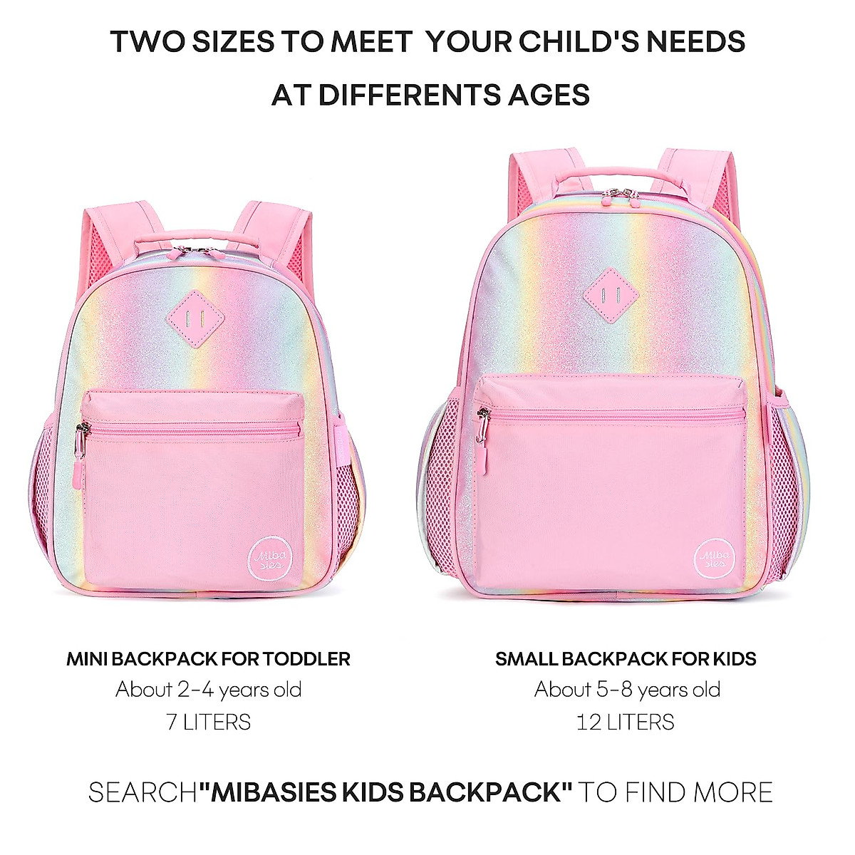 mibasies Toddler Backpack for Girls 2-4, Kindergarten Backpack for Girls, Rainbow Backpack for Preschool Daycare, Mini, Pink Blue Rainbow