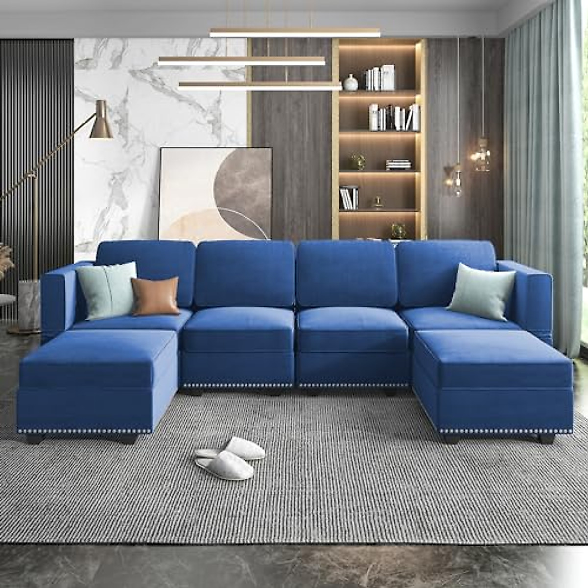 Mjkone Velvet Modular Sectional Sofa with Adjustable Armrest and Backrest for Living Room，U Shaped Couch 6 Seater Convertible Sectional Couch with Indidual Storage Ottoman -Velvet Blue