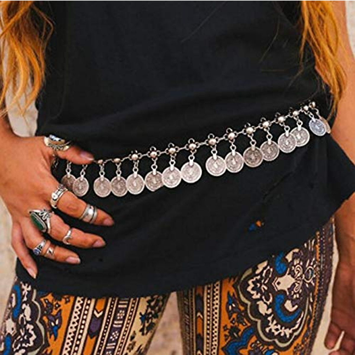 idealway Gypsy Silver Dangle Coins Belly Chain Hippie Boho Belt Belly Dance Chain Body Jewelry (AS)
