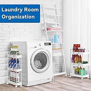 2 Pack 3 Tier Slim Storage Cart, Bathroom Organizer Laundry Room Organization Mobile Shelving Unit Slide Out Rolling Rack with Wheels for Kitchen Garage Office Small Apartment Narrow Space