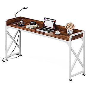 Tribesigns Over Bed Table with Wheels, 70.8" Overbed Desk with Outlet & USB, Mobile Queen Size Bed Table with White Metal Legs for Bedroom, Rolling Tray Table for Living Room, Hospital, Dark Walnut