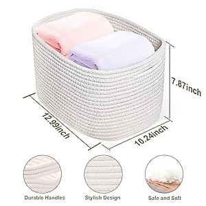 Andhuhu Storage Basket Set of 3, Soft Woven Basket 13"x8.66"x7.87", Blanket Basket Living Room Towel Basket, Cotton Rope Basket With Handles, Cloth Storage Bins for Organizing Nursery Toys, White