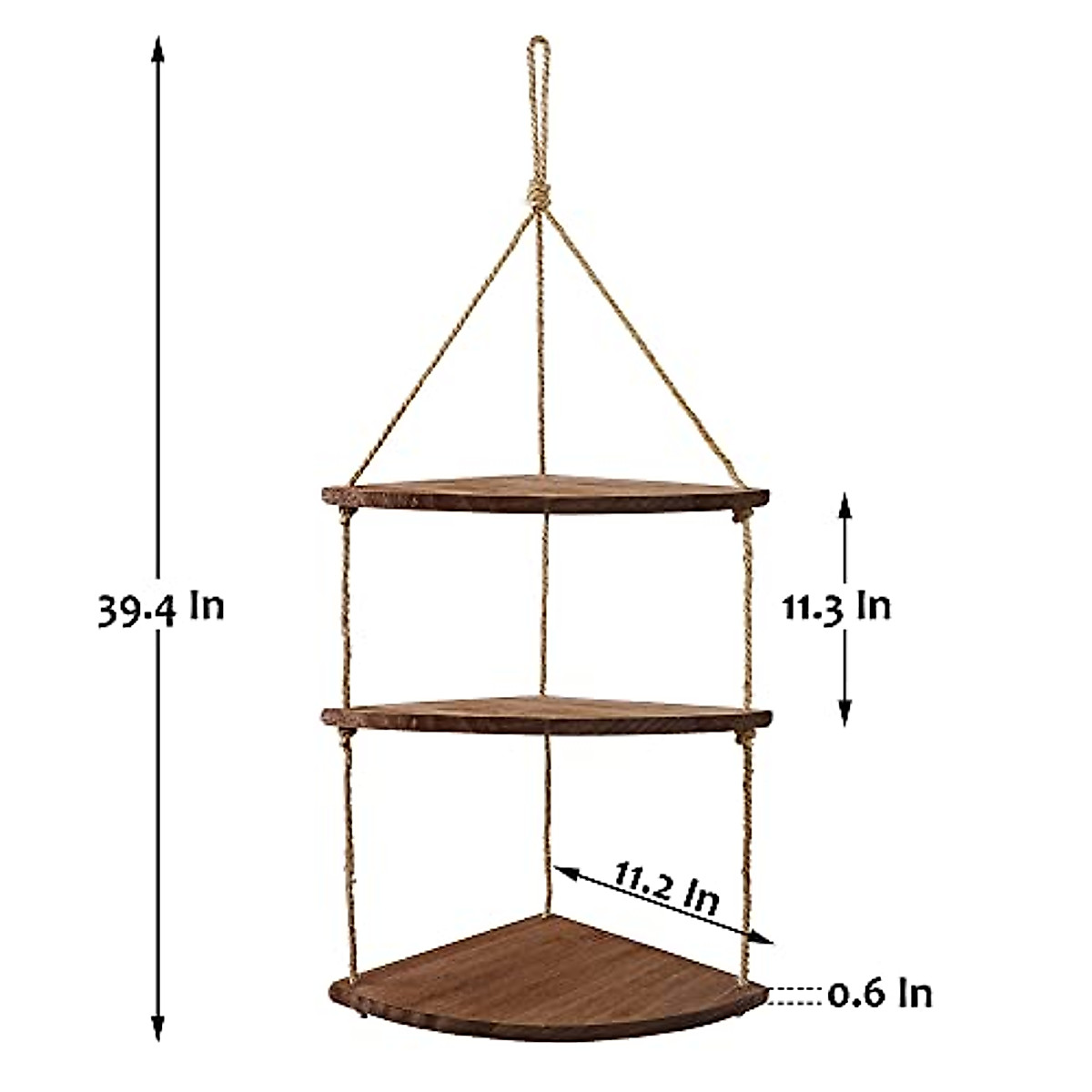 Sand Mine 3 Tier Wood Hanging Corner Shelf, Floating Wall Swing Storage Shelves, Wall Shelf Plant Shelf Rope Shelf Storage Shelf Swing Shelf Floating Shelves Handmade Shelves, Dark Brown