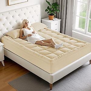 MATBEBY Queen Size Mattress Pad - Cooling Breathable Mattress Topper, Quilted Fitted Mattress Protector, Pillow Top Mattress Cover with 8-21" Deep Pocket, Soft, Machine Washable, Beige, 60x80 Inches