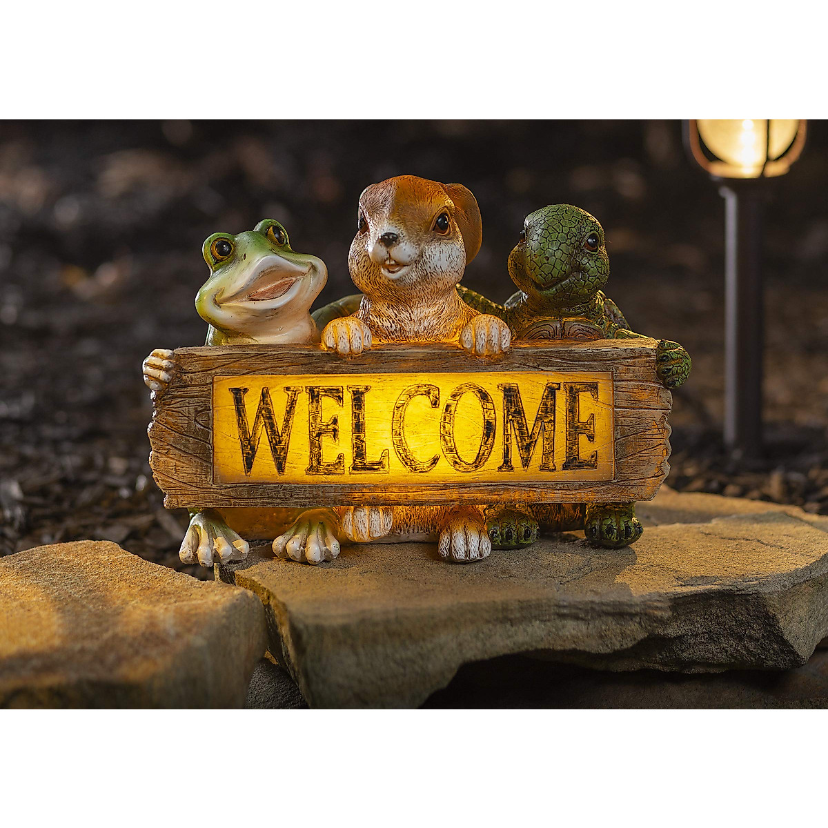 VP Home Backyard Friends Welcome Sign Frog Rabbit Turtle Solar Powered LED Outdoor Decor Garden Light Welcome gnome Statues Outdoor gnome decor Funny Figurine Decor for Outside Patio, Yard, Lawn