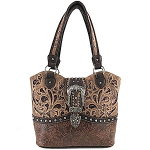 Justin West Gleaming Laser Cut Rhinestone Buckle Studded Concealed Carry Handbag Purse (Coffee Purse Wallet Set)