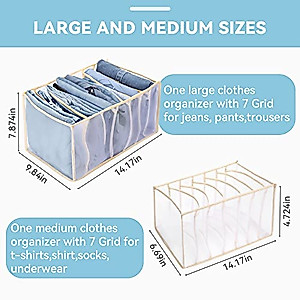HIPTIS Wardrobe Clothes Organizer, 3PCS Closet Drawer Organizer for Closet, Mesh Clothes Storage Organizer 7Grids for Thin Jeans, T-shirts, Underwear, Socks, Scarves, Leggings, Skirts 2L+1M