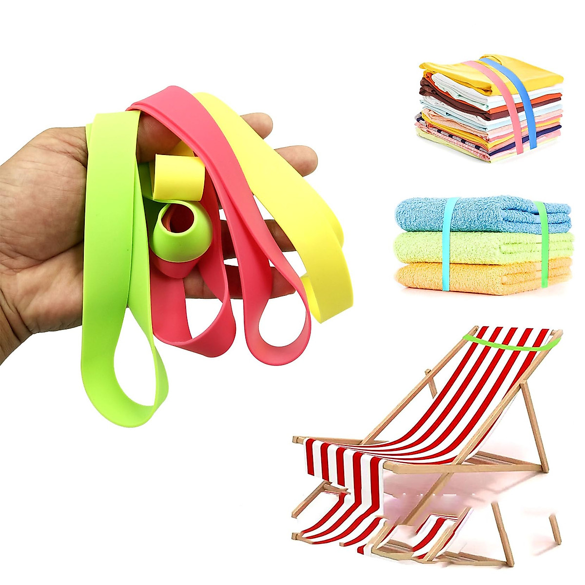 Beach Towel Bands, 6 Pcs 35 Inch Silicone Elastic Clips for Fastening Beach Chair Towels and Cruise Essentials (6)