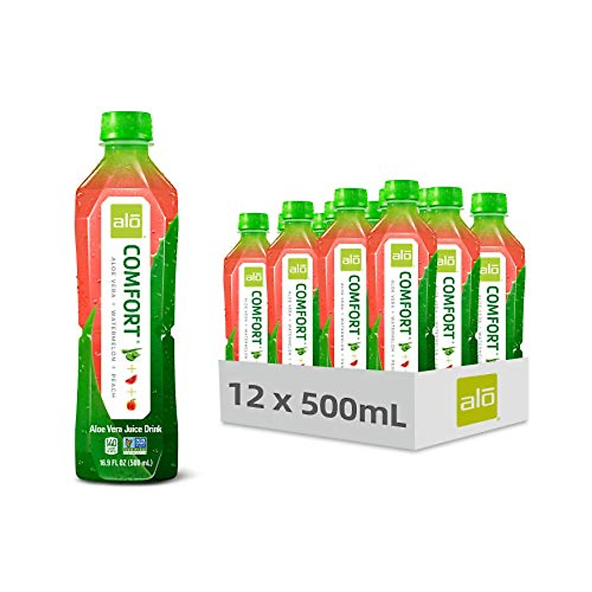 ALO Aloe Vera Juice Drink | COMFORT - Watermelon + Peach | 16.9 fl oz, Pack of 12 |Plant-Based Drink with Real Aloe Pulp