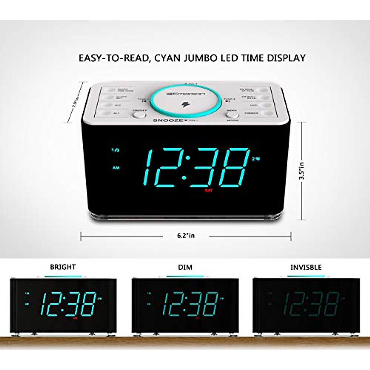 Emerson ER100401 Smartset 15Watt Ultra Fast Wireless Charging Dual Alarm Clock Radio with Bluetooth Speaker, USB Charger, Cyan LED Night Light and 1.4" Display