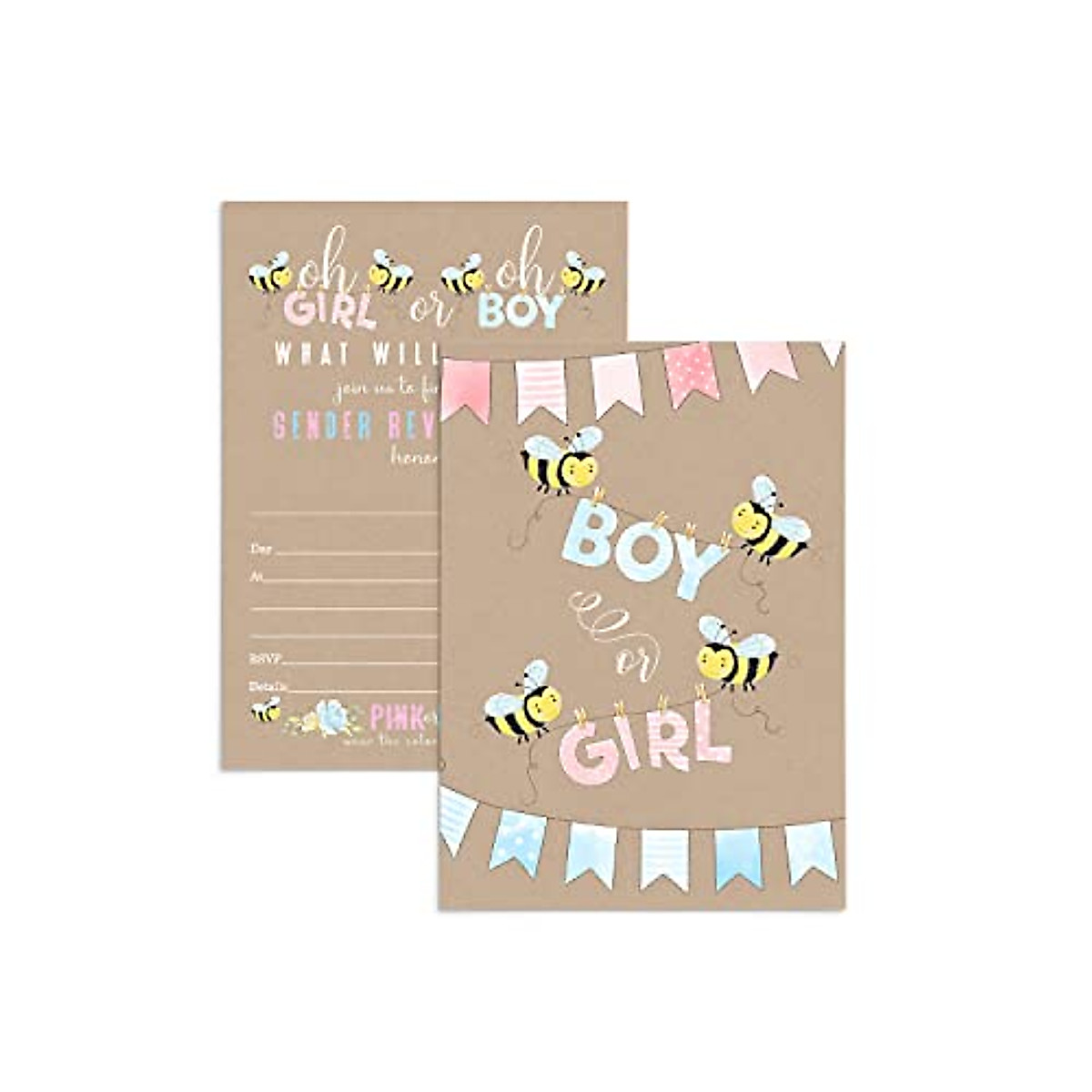 Gender Reveal Invitations with Envelopes, Bee Baby Shower Invites Customize Party Details DIY 5x7 Card Set, 25 Pack