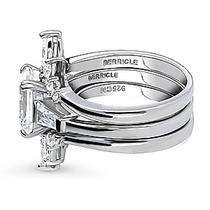 BERRICLE Sterling Silver 3-Stone Wedding Engagement Rings Emerald Cut Cubic Zirconia CZ 7-Stone Ring Set for Women, Rhodium Plated Size 5.5