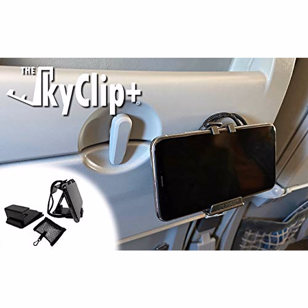 The SkyClip+ Phone & Tablet Holder for Air Travel, Home and Office Use - Inflight Phone Mount & Stand Compatible with iPhone, Android, Kindle and Tablets - Ultimate Travel Accessory (Black)