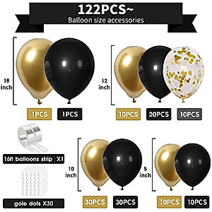 DKCPISCO Black Gold Balloons Garland Kit, 122PCS Black Metallic Gold Confetti Latex Balloons Arch Kit for Graduation Birthday Weddings with long strip and balloon dot glue