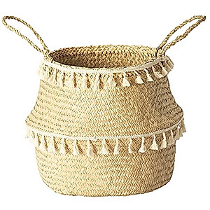 Artera Woven Seagrass Plant Basket - Wicker Belly Basket Planter Indoor with Plastic Liner and Handles, Natural Plant Pot for Fiddle Leaf Fig Tree, Snake Plant (XXL, Natural with Tassel Macrame)