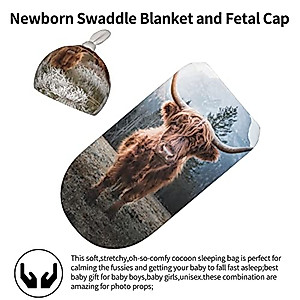 Highland Baby Stuff Highland Cow Swaddle Blanket with Hat Set Swaddles Up New Born Soft Transition Receiving Blanket Sleep Sacks for Baby Infant Boys Girls