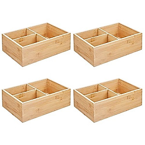 mDesign Bamboo Kitchen Pantry Cabinet Organizer Storage Box, 3 Divided Sections, Holds Plastic and Glassware Lids for Leftovers, Snacks, Condiments, and Sauce, Echo Collection, 4 Pack, Natural/Tan