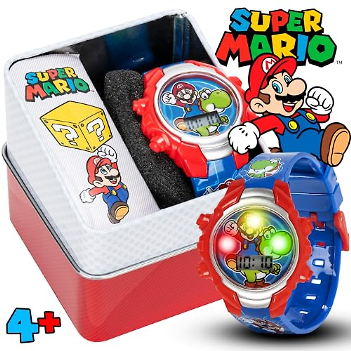 Accutime Super Mario Kids Digital Watch with Yoshi, LED Light Show, Soft Silicone Strap, Durable Kid-Friendly Design, Fun Time-Telling for Boys and Girls