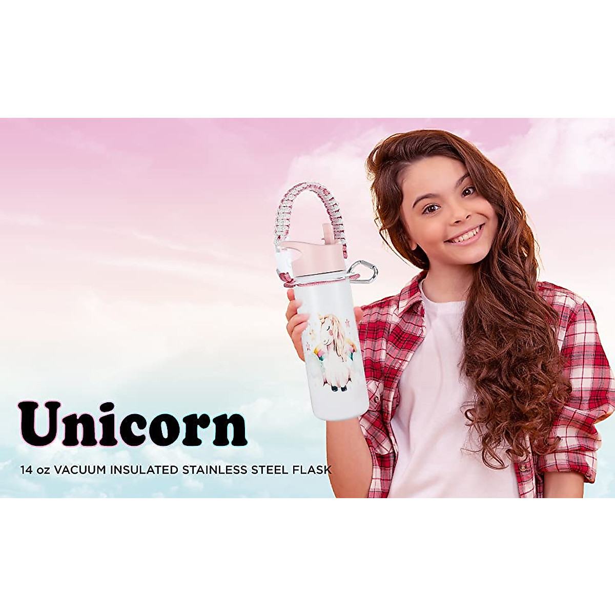 Unicorn Water Bottle, 18 OZ, Leak Proof, 36 Hours Cold, Dishwasher safe, Removable Handle, Wide Mouth Double Wall Vacuum Insulated Stainless Steel Water Bottle For School, Straw, Bottle For Girls